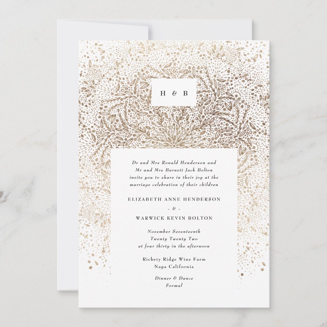 Whimsical Gold Sparkle Fantasy Monogram Wedding Invitation | Zazzle