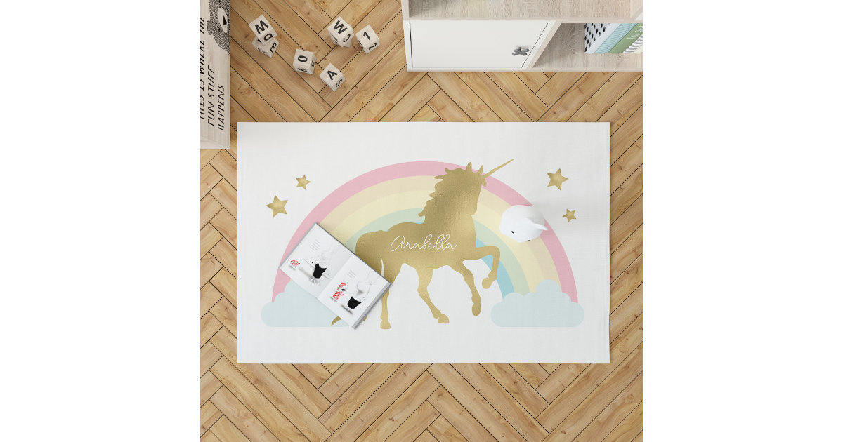Whimsical Gold Unicorn Rug | Zazzle