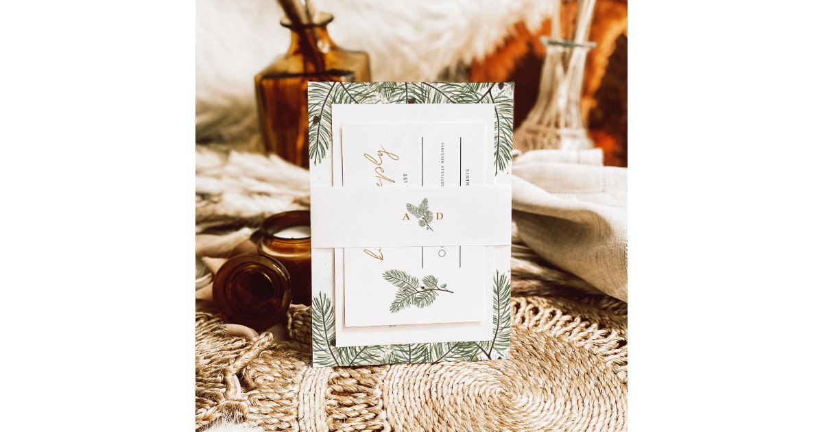 Whimsical Green and Gold Pine Cone Wedding Invitation Belly Band | Zazzle