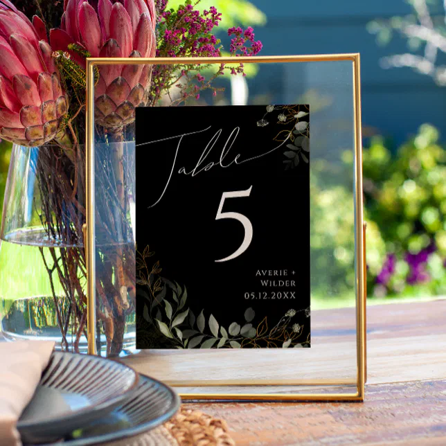 Whimsical Greenery and Gold | Black Table Number | Zazzle