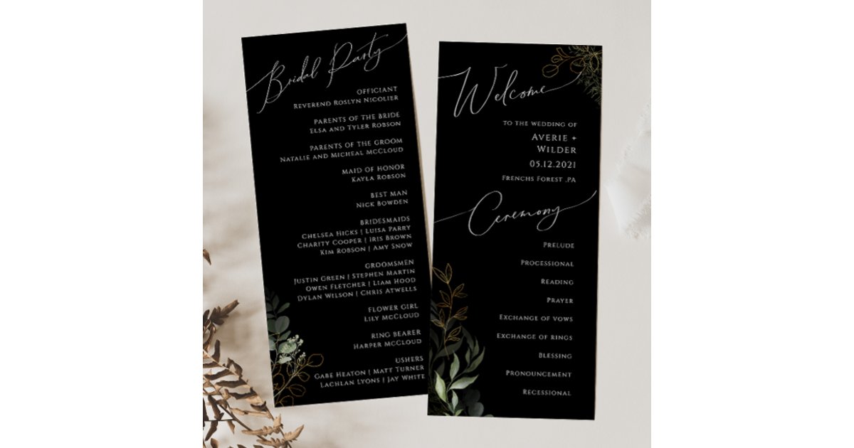 Whimsical Greenery and Gold | Black Wedding Program | Zazzle
