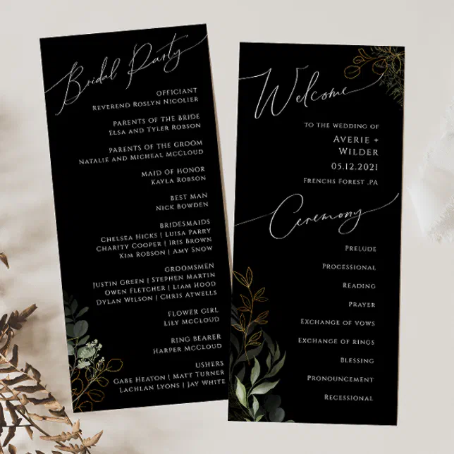 Whimsical Greenery and Gold | Black Wedding Program | Zazzle