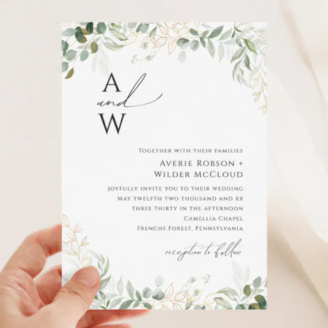 Whimsical Greenery and Gold Monogram Wedding Invitation | Zazzle