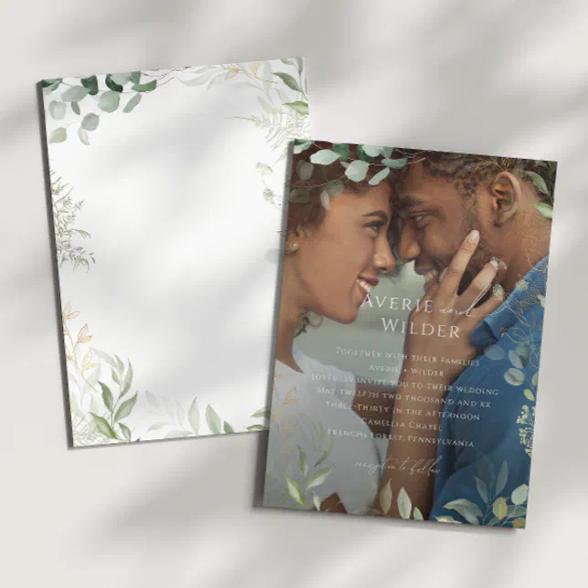 Whimsical Greenery and Gold Photo Frame Wedding Invitation | Zazzle