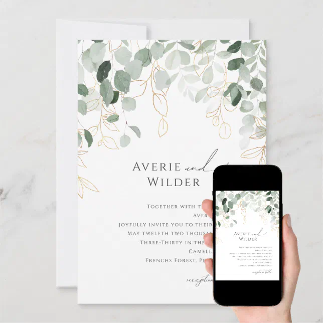 Whimsical Greenery and Gold Wedding Invitation | Zazzle