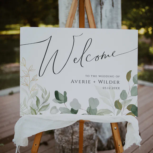 Whimsical Greenery and Gold Wedding Welcome Foam Board | Zazzle