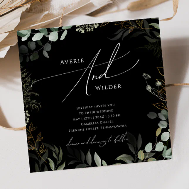 Whimsical Greenery Black and Gold Square Wedding Invitation | Zazzle