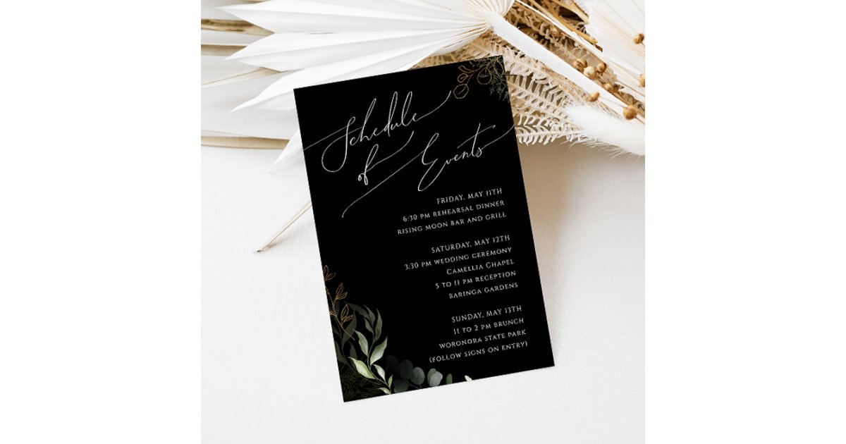 Whimsical Greenery Black & Gold Schedule of Events Enclosure Card | Zazzle