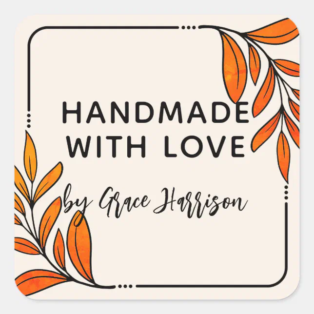 Whimsical Greenery Handmade With Love Square Sticker | Zazzle