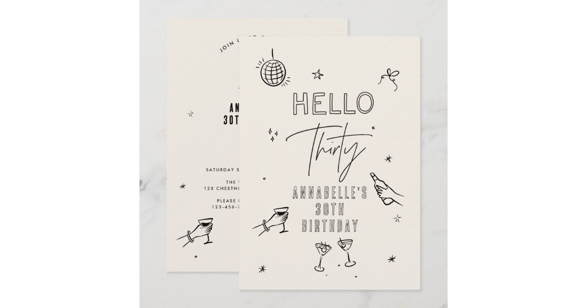 whimsical hand drawn 30th birthday drinks party invitation | Zazzle