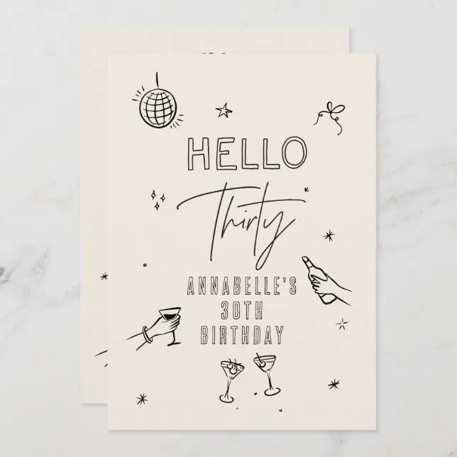 whimsical hand drawn 30th birthday drinks party invitation | Zazzle