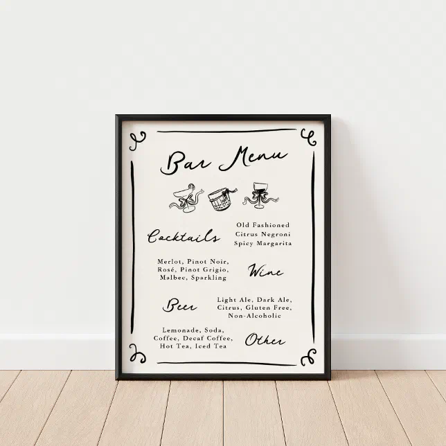 Whimsical Hand Drawn Bar Menu Poster | Zazzle