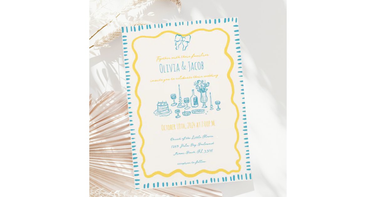 Whimsical Hand Drawn Blue Bow Wavy Wedding Invitation | Zazzle