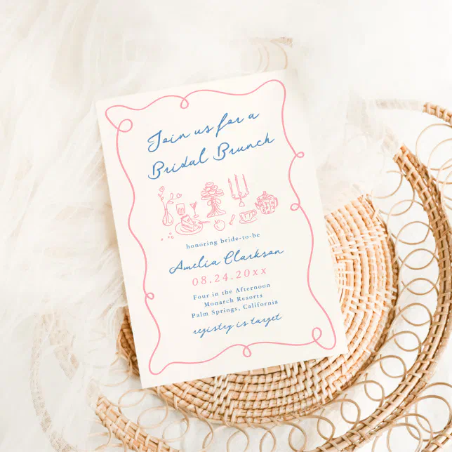 Whimsical Hand Drawn Blue & Pink Bridal Brunch Invitation | Zazzle
