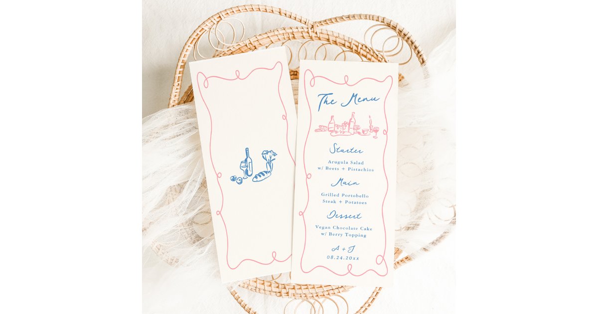 Whimsical Hand Drawn Blue & Pink Wedding Menu | Zazzle