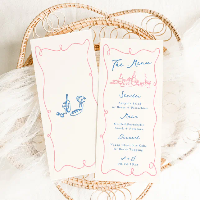 Whimsical Hand Drawn Blue & Pink Wedding Menu | Zazzle