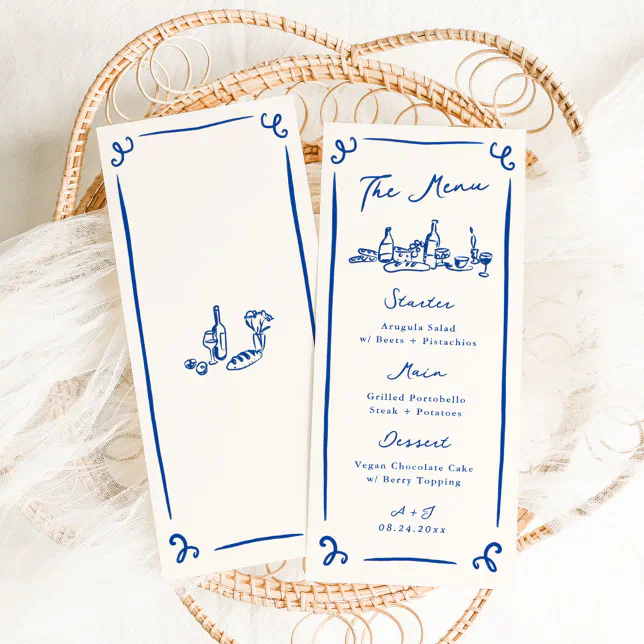 Whimsical Hand Drawn Blue Wedding Menu | Zazzle
