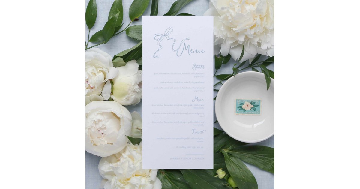Whimsical Hand drawn Bow Light Blue Wedding Menu | Zazzle