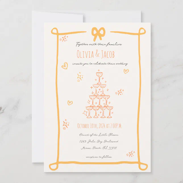 Whimsical Hand Drawn Bow Scribble Wedding Invitation | Zazzle