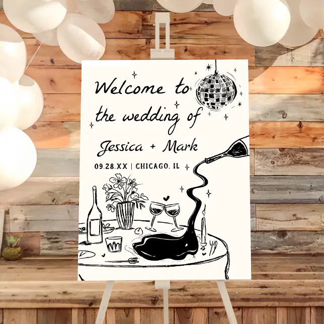 Whimsical Hand Drawn Disco Wedding Welcome Sign | Zazzle
