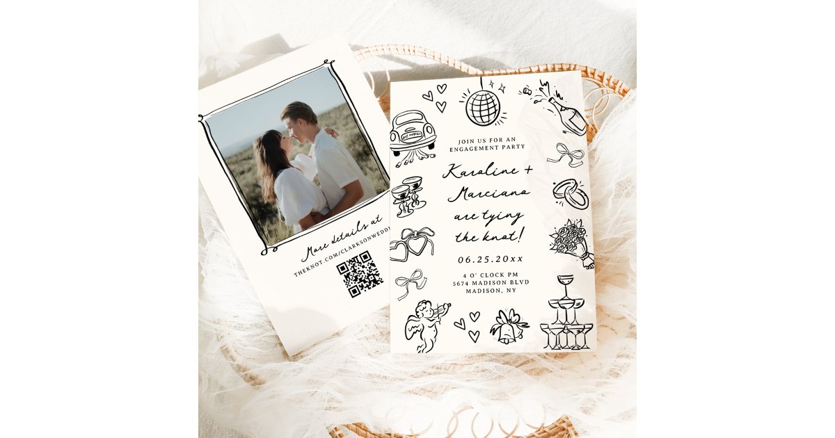 Whimsical Hand Drawn Doodles Engagement Party Invitation | Zazzle