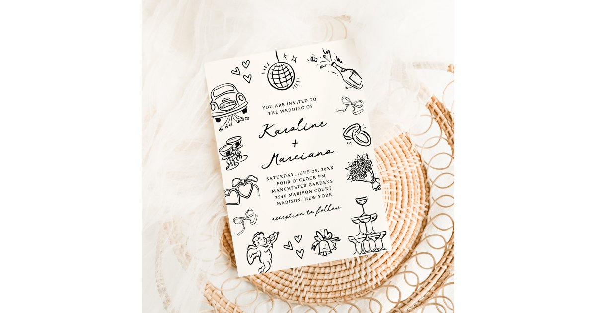 Whimsical Hand Drawn Doodles Wedding Invitation | Zazzle