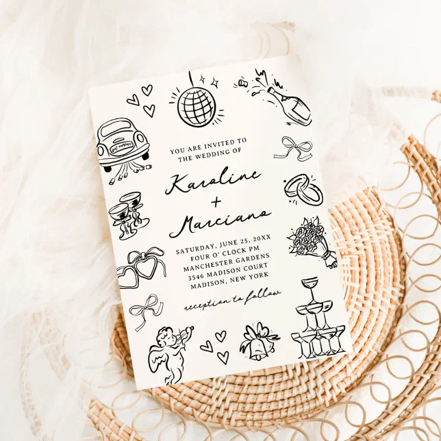 Whimsical Hand Drawn Doodles Wedding Invitation | Zazzle