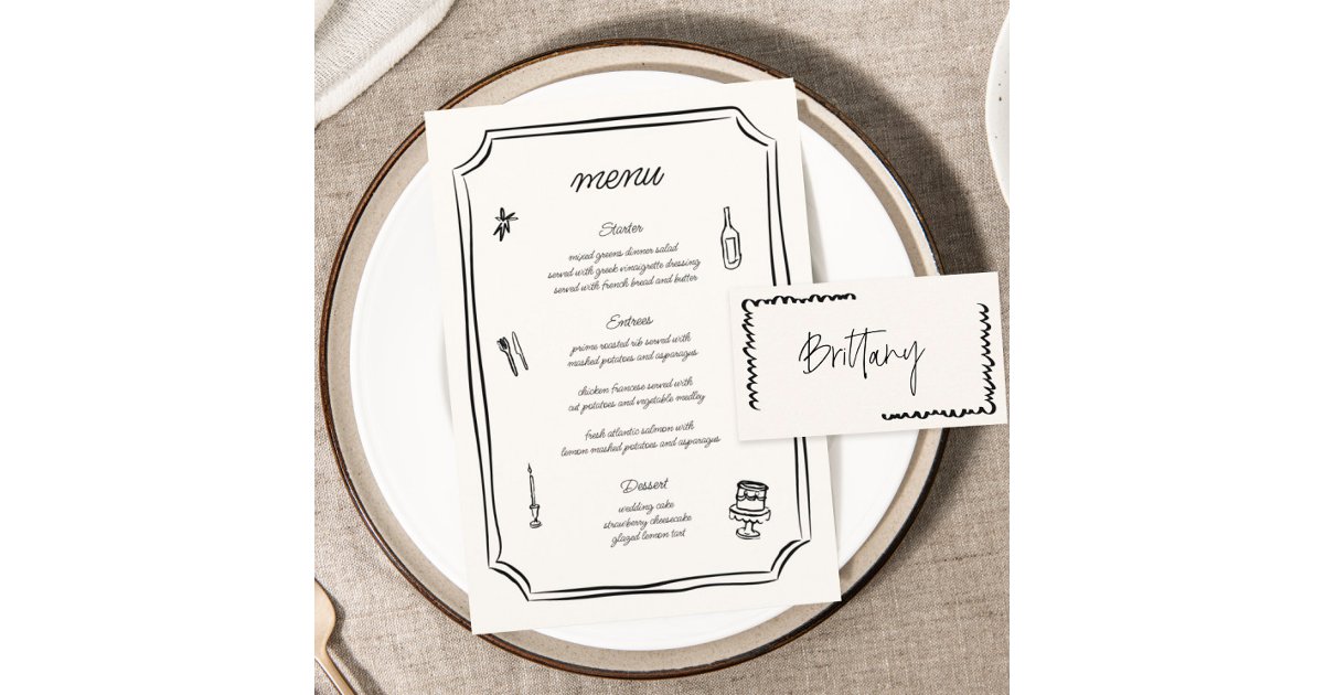 Whimsical Hand Drawn French Wedding Menu | Zazzle