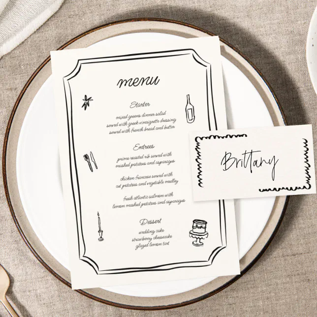 Whimsical Hand Drawn French Wedding Menu | Zazzle
