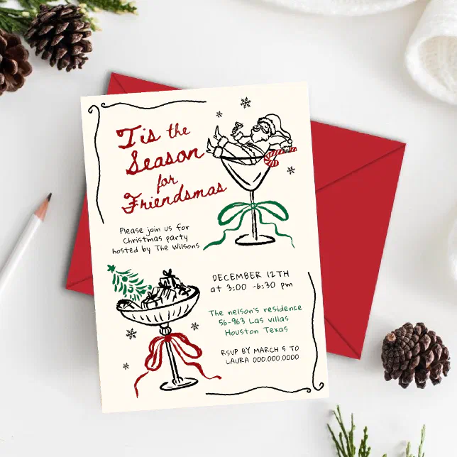 Whimsical Hand Drawn Friendsmas Christmas Party Invitation | Zazzle