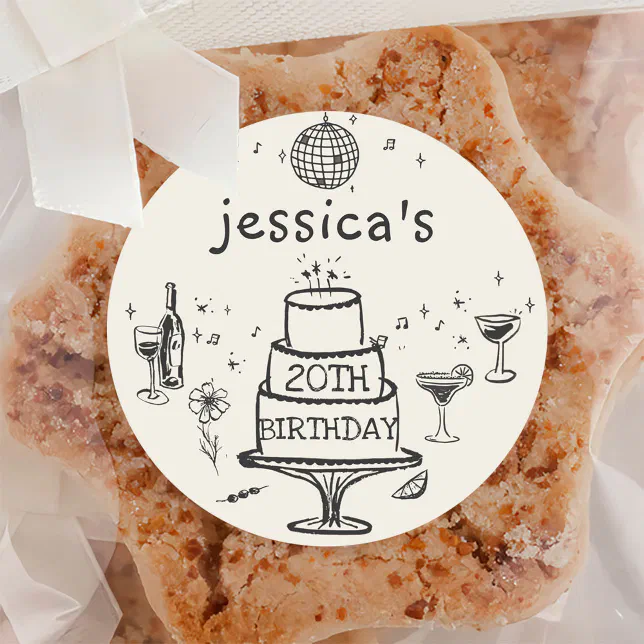 Whimsical Hand drawn Funky Cocktail Birthday Classic Round Sticker | Zazzle
