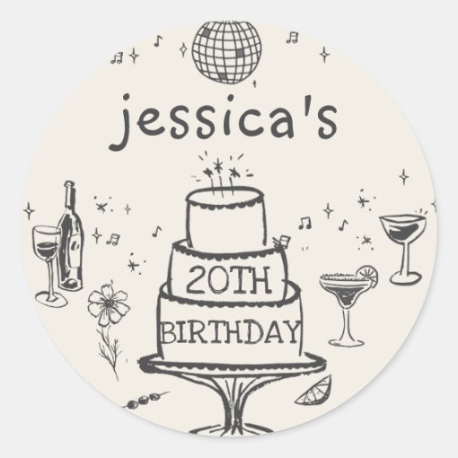 Whimsical Hand drawn Funky Cocktail Birthday Classic Round Sticker | Zazzle