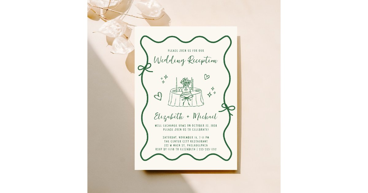 Whimsical Hand Drawn Green Cream Wedding Reception Invitation | Zazzle