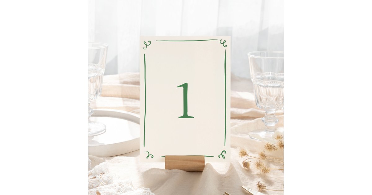 Whimsical Hand Drawn Green Table Number | Zazzle