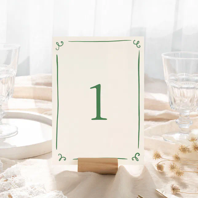 Whimsical Hand Drawn Green Table Number | Zazzle