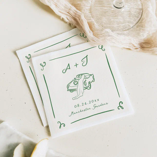 Whimsical Hand Drawn Green Vintage Car Wedding Napkins | Zazzle