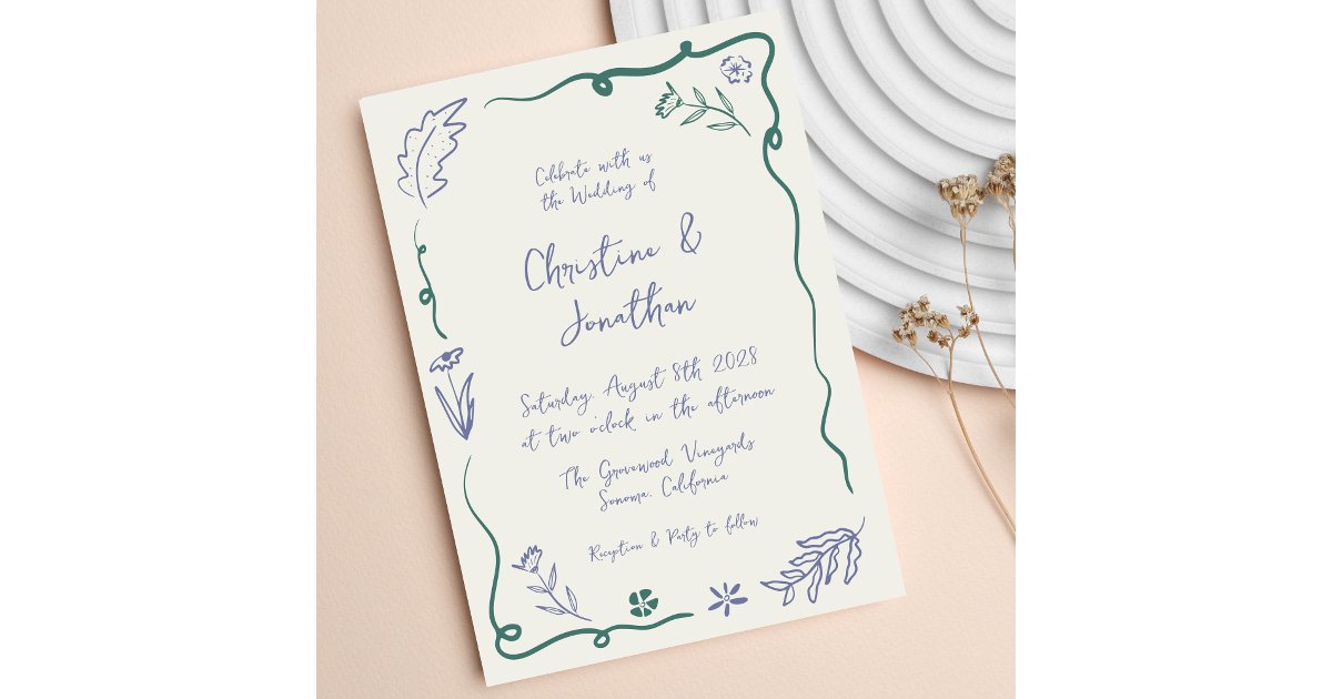Whimsical Hand Drawn Illustrated Floral Wedding Invitation | Zazzle