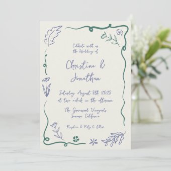 Whimsical Hand Drawn Illustrated Floral Wedding Invitation | Zazzle