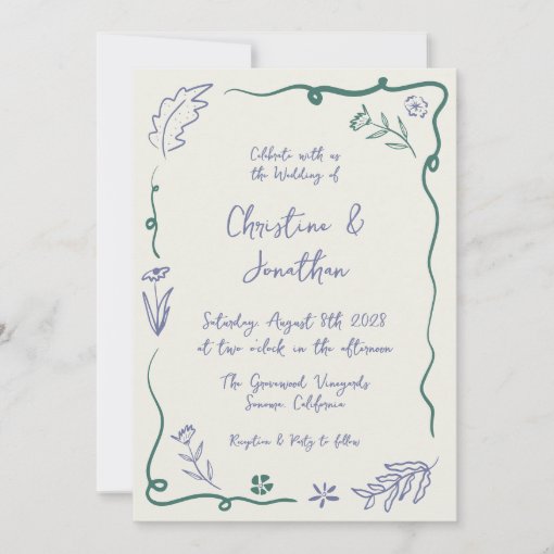 Whimsical Hand Drawn Illustrated Floral Wedding Invitation | Zazzle