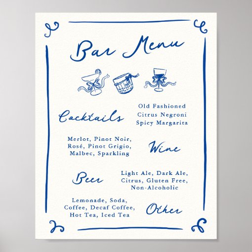 Whimsical Hand Drawn Navy Bar Menu Poster | Zazzle