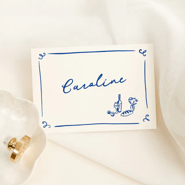 Whimsical Hand Drawn Navy Blue Place Card | Zazzle
