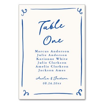 Whimsical Hand Drawn Navy Blue Table Card | Zazzle