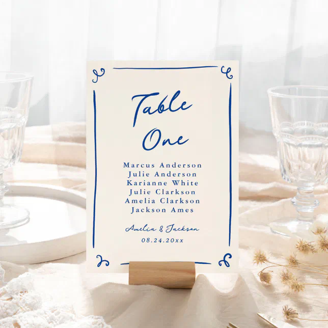 Whimsical Hand Drawn Navy Blue Table Card | Zazzle