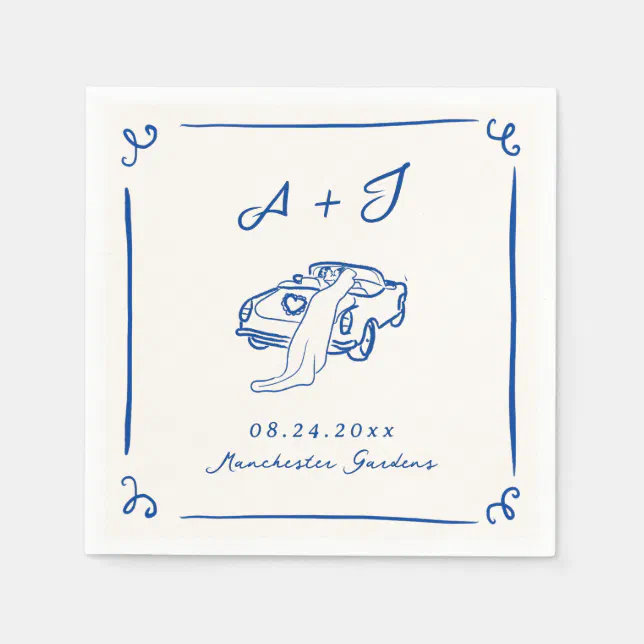 Whimsical Hand Drawn Navy Vintage Car Wedding Napkins | Zazzle