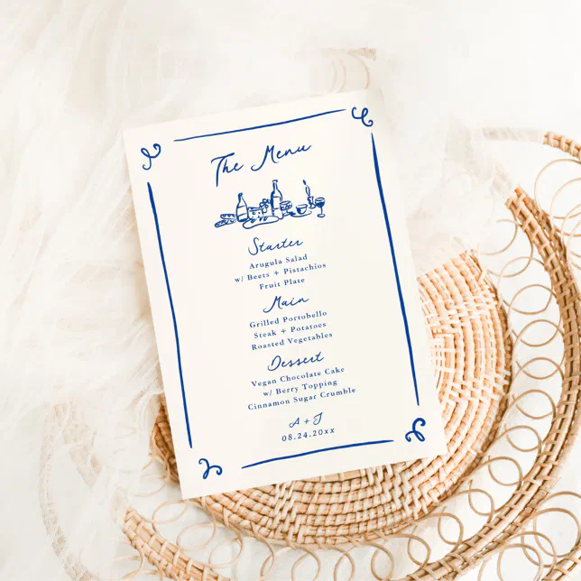 Whimsical Hand Drawn Navy Wedding Menu | Zazzle