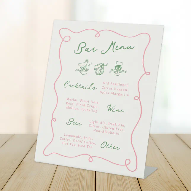 Whimsical Hand Drawn Pink & Green Bar Menu Pedestal Sign | Zazzle