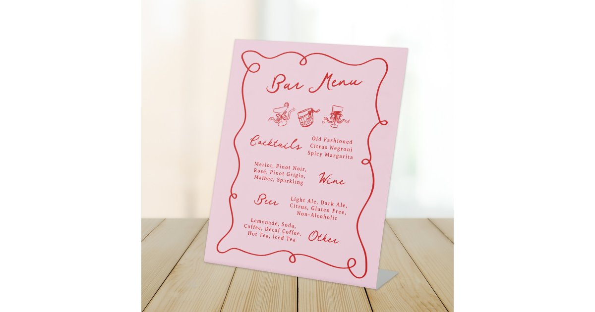 Whimsical Hand Drawn Pink & Red Bar Menu Pedestal Sign | Zazzle