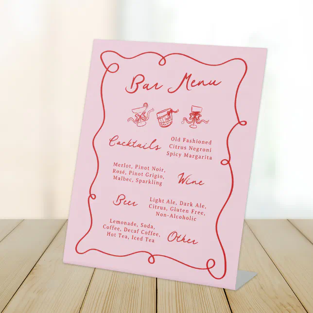 Whimsical Hand Drawn Pink & Red Bar Menu Pedestal Sign | Zazzle