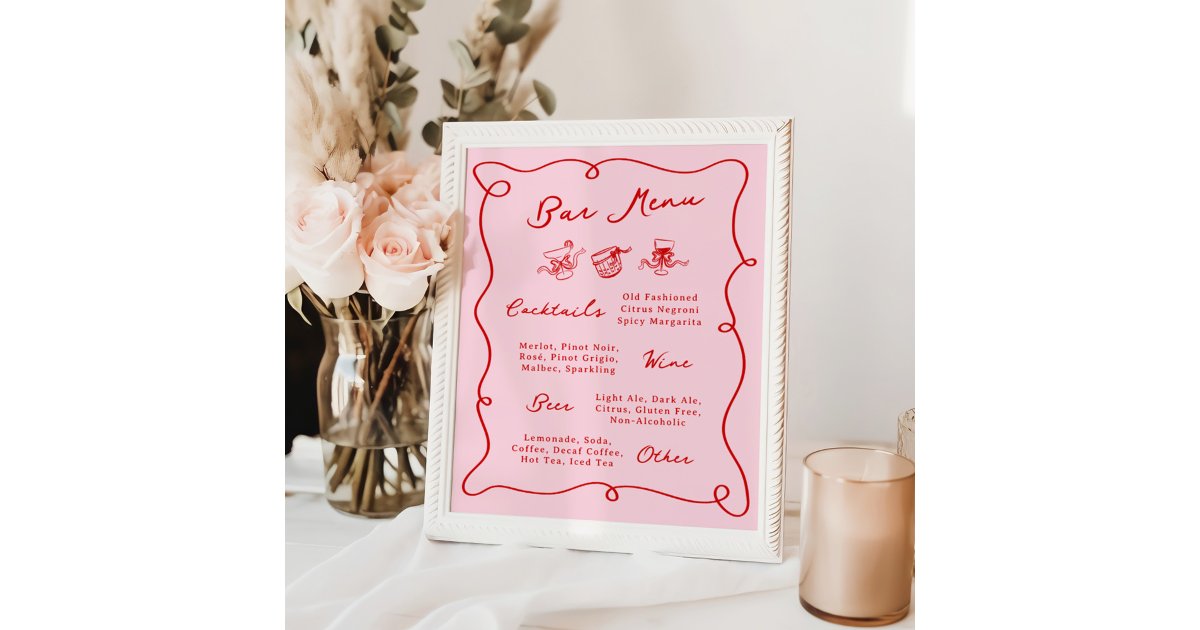 Whimsical Hand Drawn Pink & Red Bar Menu Poster | Zazzle
