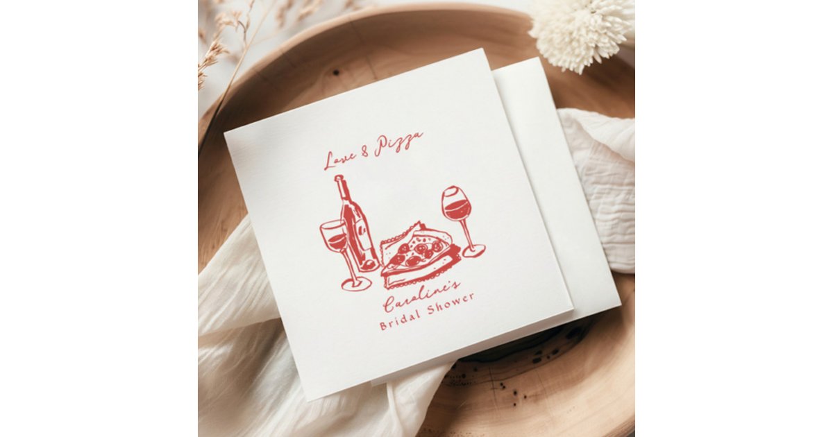 Whimsical Hand Drawn Pizza Wine Bridal Shower Napkins | Zazzle